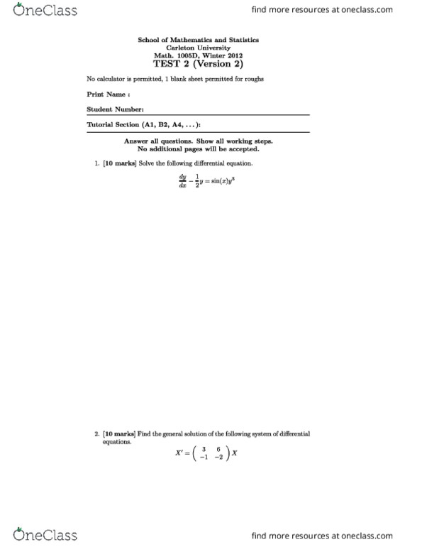 MATH 1005 Midterm: MATH1005 Term Test 2 2012 Winter - OneClass