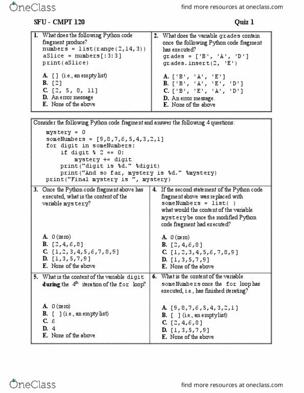 CMPT 120 Quiz: CMPT120 Quiz 1 2017 Summer Solutions - OneClass CMPT 120 Quiz: CMPT120 Quiz 1 2017 Summer Solutions - OneClass