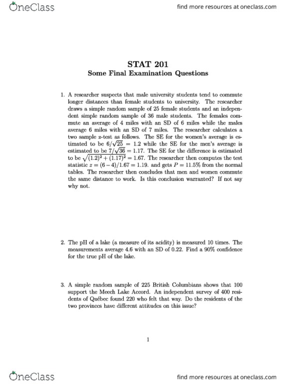 Stat 201 Final Stat201 Final Exam Testbank Oneclass