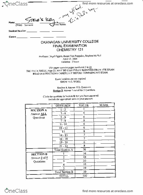 Chem 121 Final Chem 121 Final Exam 2004 Winter Oneclass 