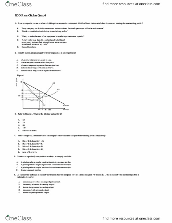 ECON 101 Study Guide - Fall 2018, Quiz - Marginal Revenue, Economic ...