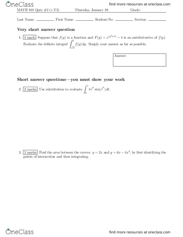 MATH 101 Quiz: MATH101 Quiz 2 2016 Winter with Solutions - OneClass