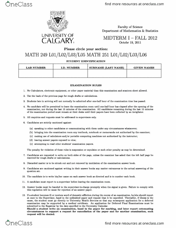 MATH 265 Study Guide - Fall 2018, Midterm - Asymptote, Scantron Corporation MATH 265 Study Guide - Fall 2018, Midterm - Asymptote, Scantron Corporation