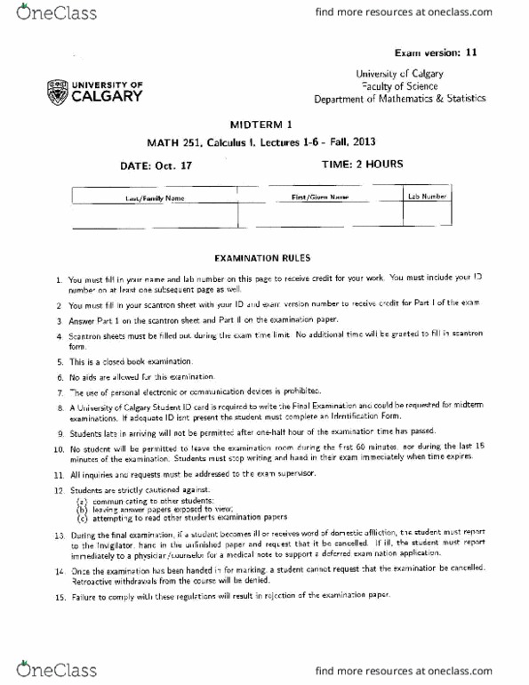 MATH 265 Study Guide - Fall 2018, Midterm - Scantron Corporation, Asymptote MATH 265 Study Guide - Fall 2018, Midterm - Scantron Corporation, Asymptote