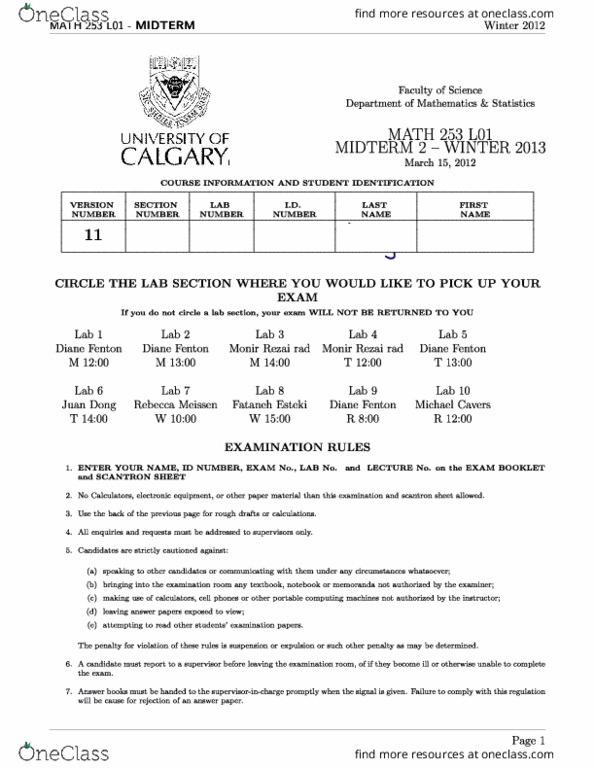 MATH 267 Midterm: MATH267 Midterm 2 2012 Winter Version A - OneClass