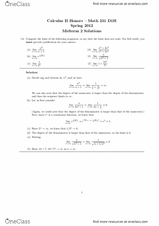MATH 231 Study Guide - Fall 2018, Midterm - Direct Comparison Test ...