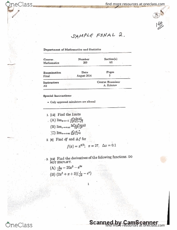 MATH 209 Final: MATH 209 Final Exam August 2014 with Solution - OneClass