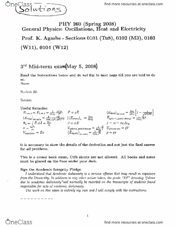 Phys 260 Study Guide Fall 2018 Midterm Academic Dishonesty