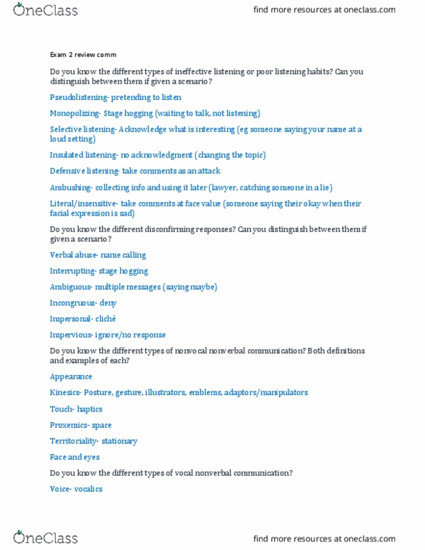 COMM 220 Study Guide - Fall 2018, Quiz - Nonverbal Communication ... COMM 220 Study Guide - Fall 2018, Quiz - Nonverbal Communication ...