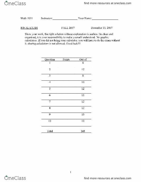 MATH 1031 Final: MATH 1031 Final Exam - OneClass