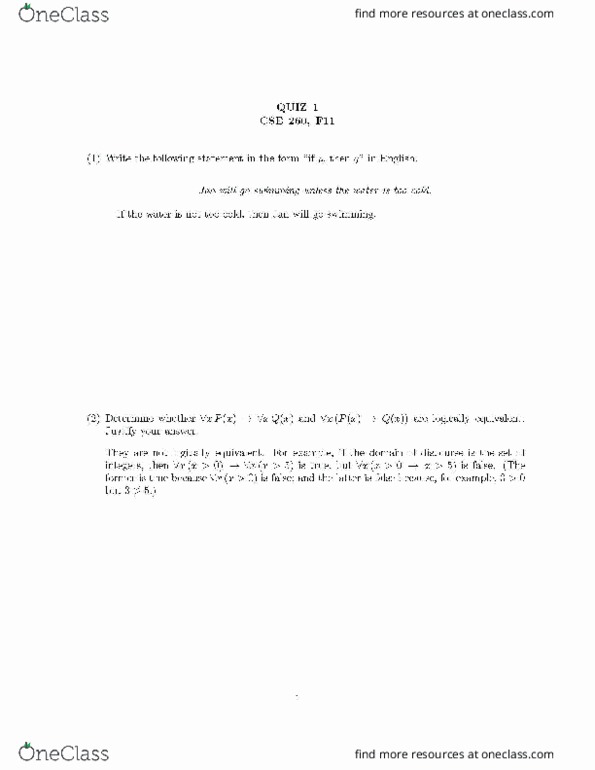 CSE 260 Quiz: CSE 260 Quiz 1 Fall 2011 - OneClass