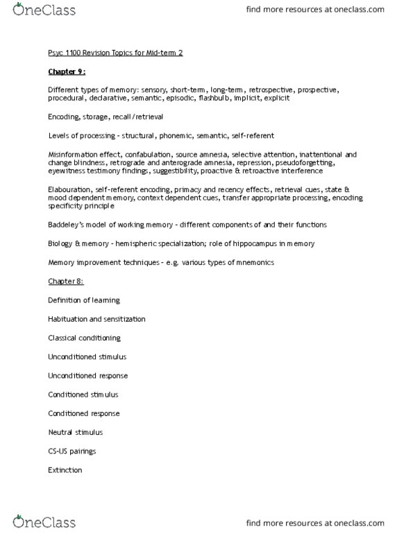 PSYC 100 Study Guide - Fall 2016, Midterm - Encoding Specificity ... PSYC 100 Study Guide - Fall 2016, Midterm - Encoding Specificity ...