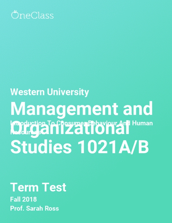 Management and Organizational Studies 1021A/B Study Guide - Fall 2018 ...