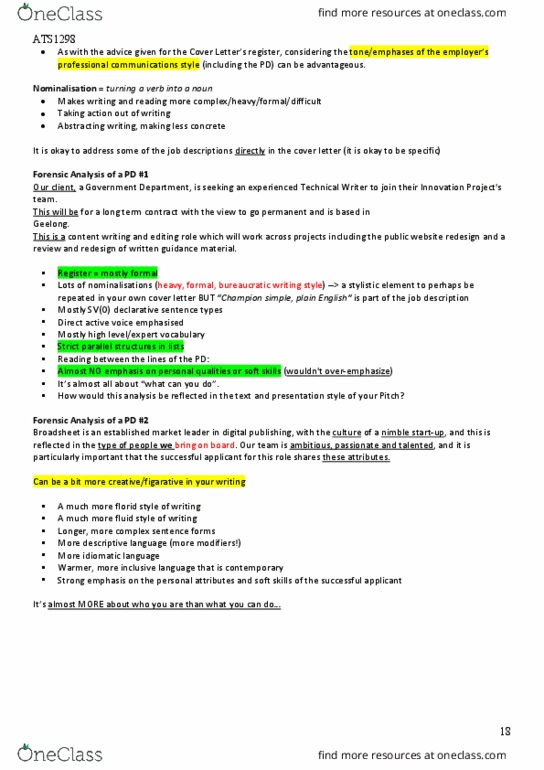 ATS1298 Study Guide - Spring 2018, Quiz - Technical Writer, Sentence ...