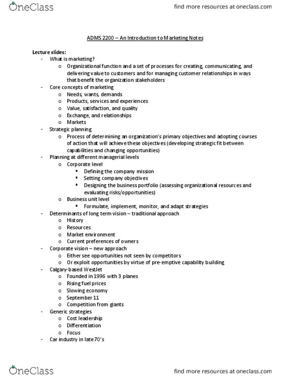 ADMS 2200 Final: ADMS 2200 – An Introduction to Marketing Notes - OneClass ADMS 2200 Final: ADMS 2200 – An Introduction to Marketing Notes - OneClass