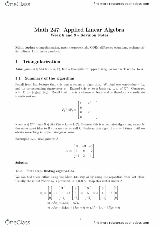MATH 247 Study Guide - Winter 2018, Final - Triangular Matrix, Bilinear ...