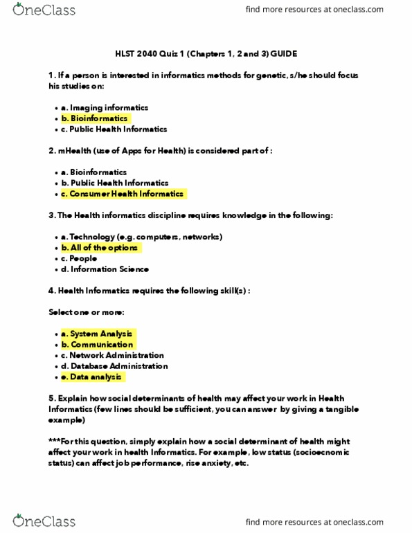 HLST 2040 Study Guide - Fall 2018, Quiz - Health Informatics, Mhealth ...