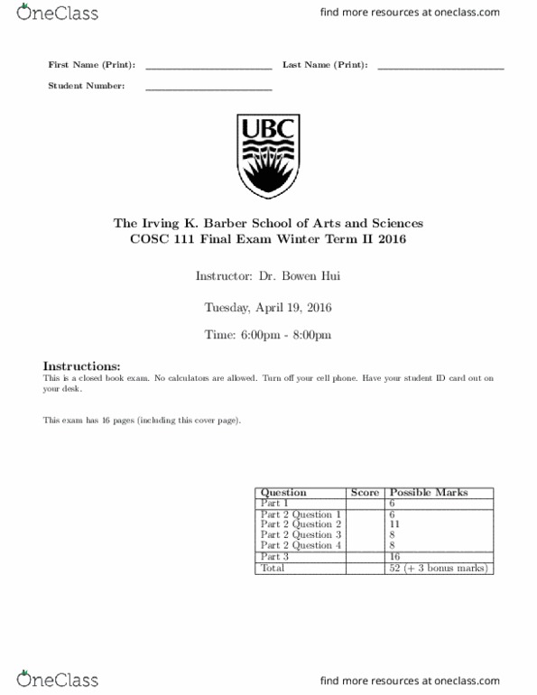 Cosc 111 Final Cosc 111 Final Exam 2016 Oneclass