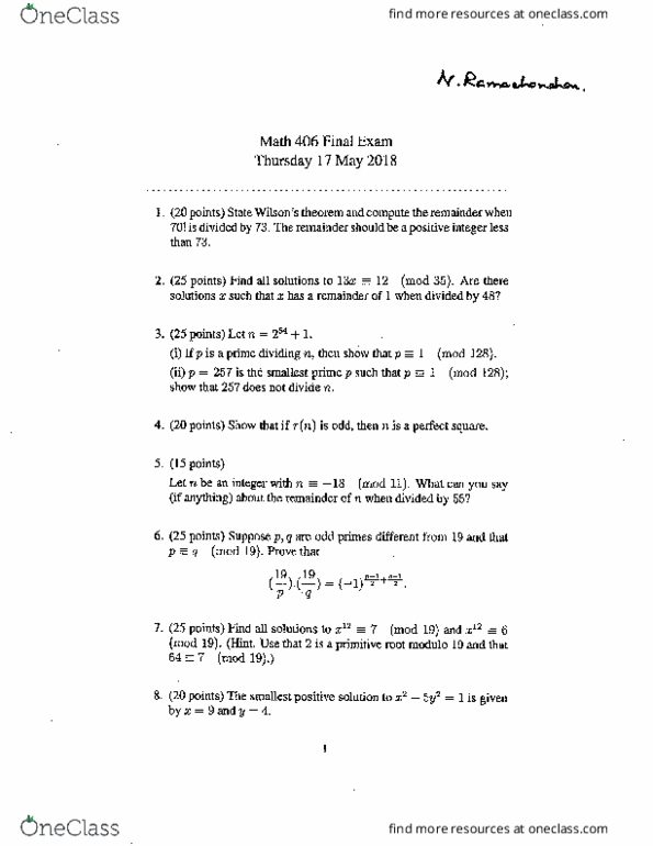 MATH 406 Final: Math 406_Ramachandran-N_Spring 2018_Final_Exam - OneClass