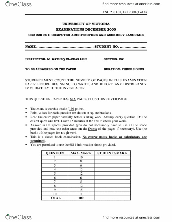 CSC 230 Final: CSC 230 UVic Csc 230 Final Dec 2000 - OneClass