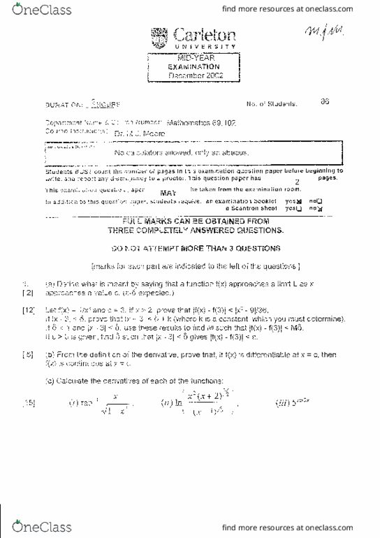 MATH 1002 Midterm: Exam-MATH1002-2002December - OneClass