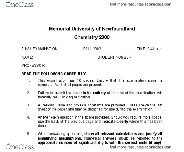 CHEM 2301 Final: CHEM 2300 Final Exam Fall 2002 - OneClass CHEM 2301 Final: CHEM 2300 Final Exam Fall 2002 - OneClass
