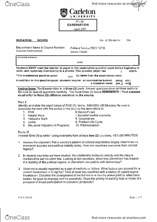 PSCI 2102 Midterm: Exam-PSCI2102-2005April - OneClass