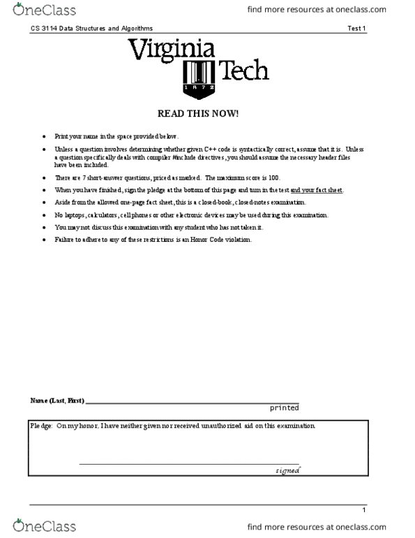 CS 3114 Midterm: CS 3114 Soln3114Fall2009Test1 - OneClass