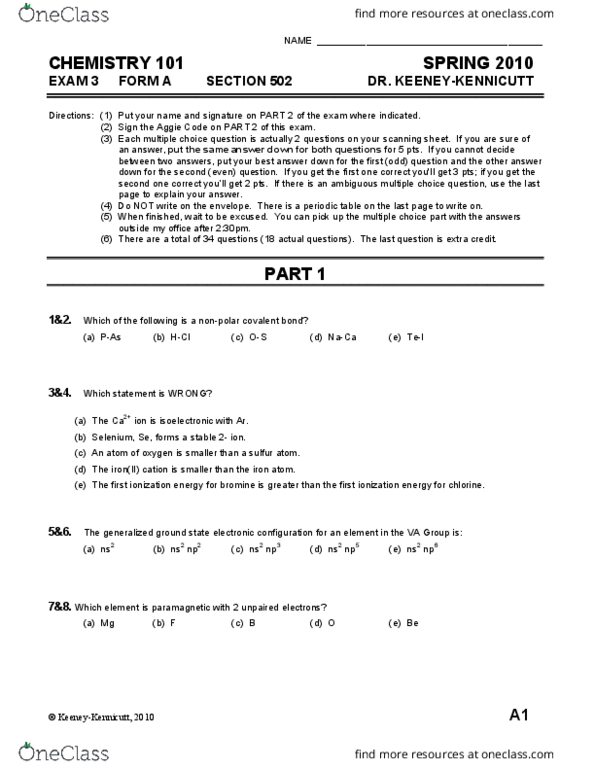 CHEM 101 Midterm: CHEM 101 TAMU Exam 3a-Spring 2010 - OneClass