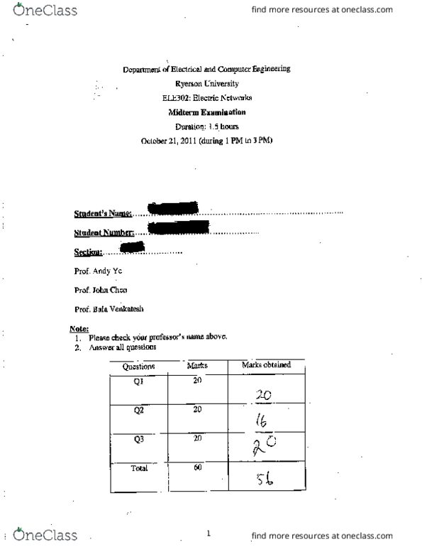 ELE 302 Midterm: ELE302 – Fall 2011 Midterm - OneClass