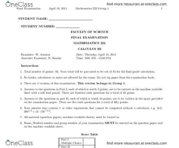 Math 222 Midterm Math222 Winter 2011 Exam Oneclass 