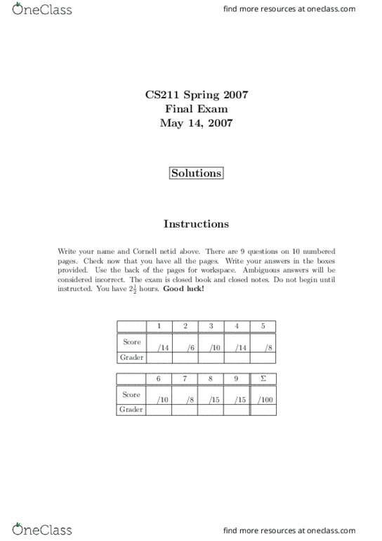 CS 2110 Final: CS 2110 Cornell 2012 Fall Final ExamsFinal Exam ...