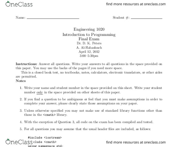 ENGI 1020 Final: ENGI 1020 Final Exam 2012 - OneClass