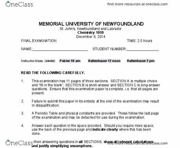 CHEM 1010 Final: CHEM 1010 Final Exam 2014 - OneClass CHEM 1010 Final: CHEM 1010 Final Exam 2014 - OneClass