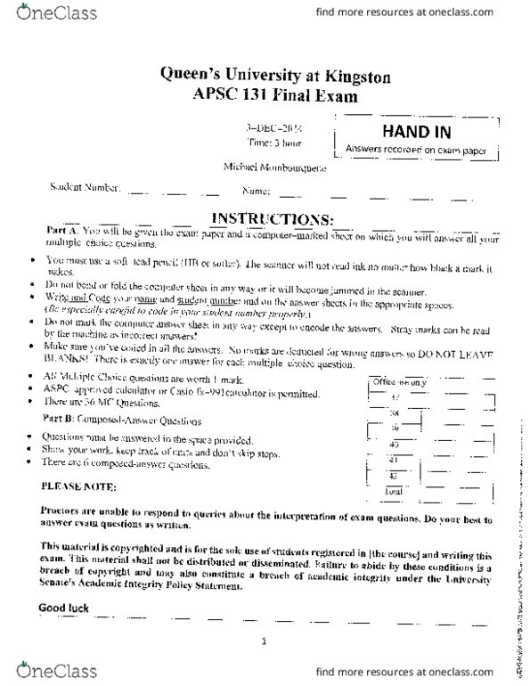 APSC 131 Midterm: APSC131 - Applied Science - 2014-2015 Exam - OneClass APSC 131 Midterm: APSC131 - Applied Science - 2014-2015 Exam - OneClass
