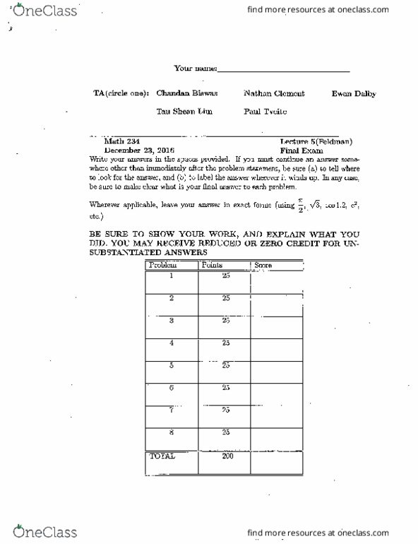 MATH 234 Final: 2016 Math 234 - Feldman - Fall Final Exam - OneClass