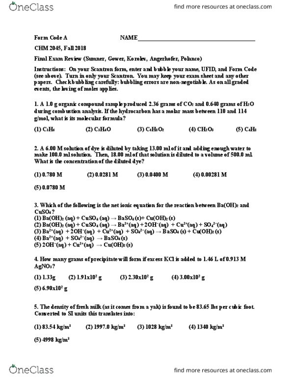 CHM 2045 Final: Final-Exam-Review-CHM-2045-2 - OneClass CHM 2045 Final: Final-Exam-Review-CHM-2045-2 - OneClass