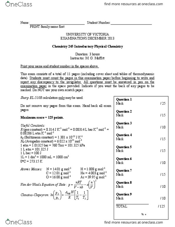 CHEM 245 Final: CHEM 245 UVic Final 13 - OneClass