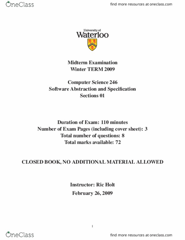 CS246 Midterm: CS 246 0903-winter09-midterm-exam - OneClass
