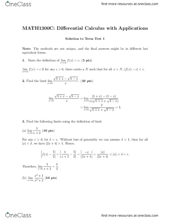 MATH 1300 Midterm: MATH 1300 Test1Sol - OneClass