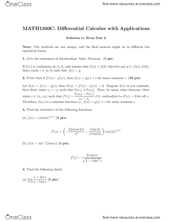 MATH 1300 Midterm: MATH 1300 Test2Sol - OneClass