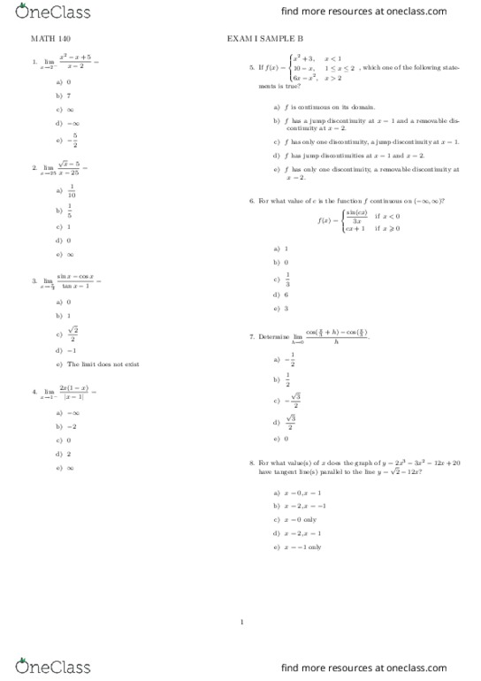 MATH 140 Midterm: Math 140 140ex1SampleB - OneClass