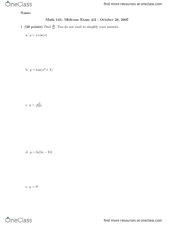 MTH 141 Midterm: Math 141 Exam2 - OneClass MTH 141 Midterm: Math 141 Exam2 - OneClass