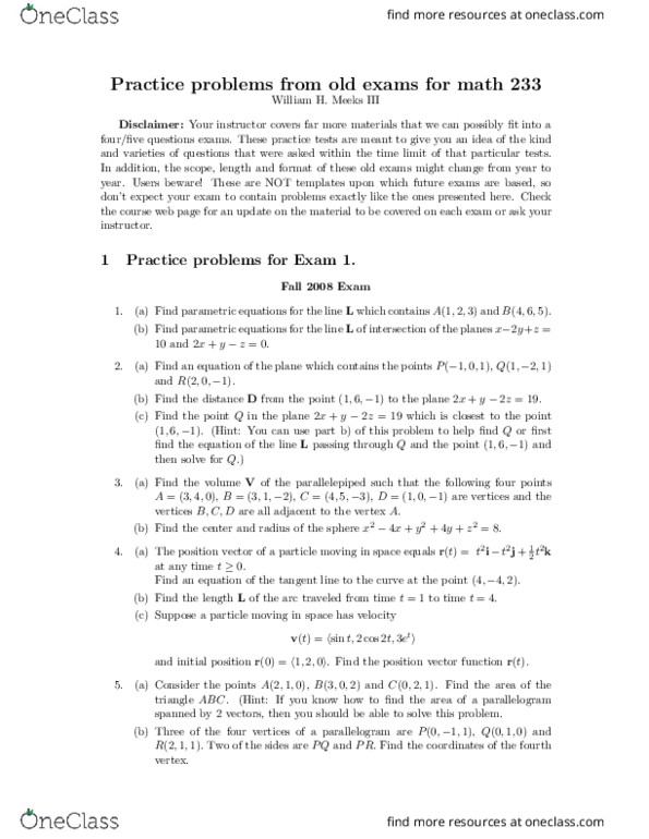 MATH 233 Midterm: MATH 233 UMass Amherst 233practice - OneClass
