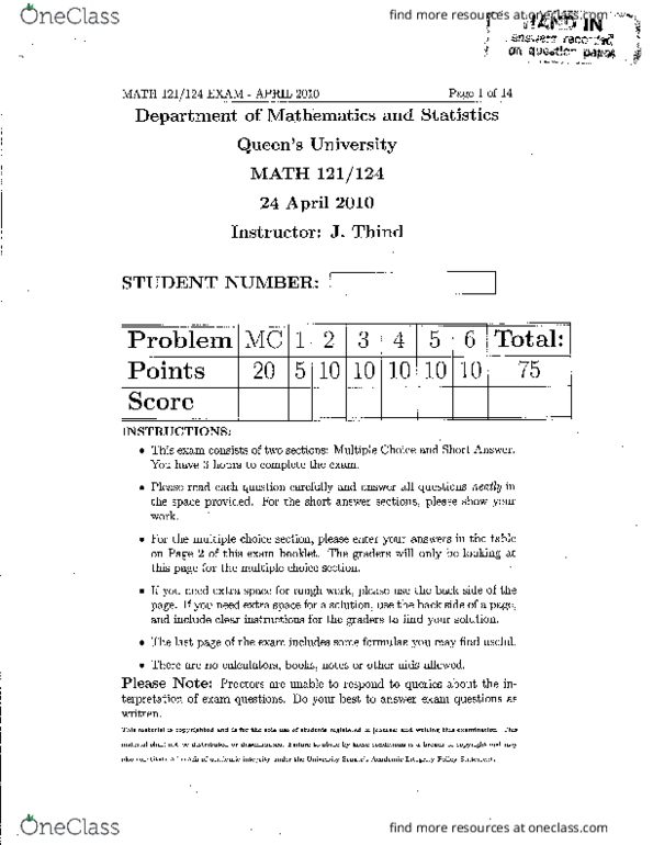 MATH 121 Midterm: MATH121 - Mathematics - 2009-2010 Exam - OneClass MATH 121 Midterm: MATH121 - Mathematics - 2009-2010 Exam - OneClass