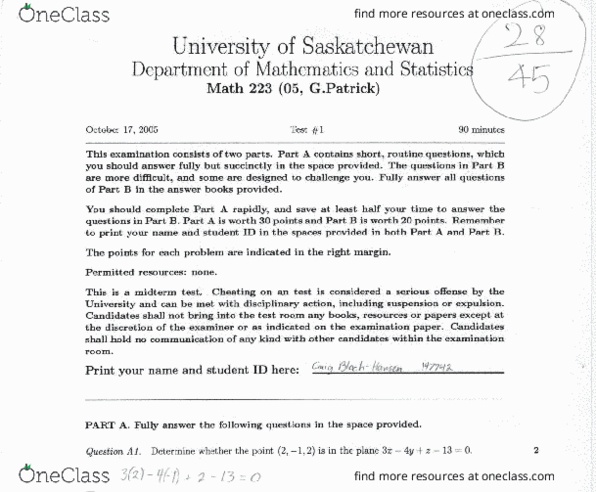 MATH 223.3 Midterm: math-223-2005-t1-midterm-1 - OneClass