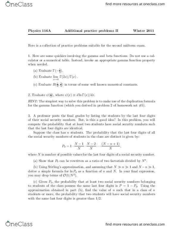 PHYS 116A Midterm: Physics 116A UCSC midpractice4_11 - OneClass