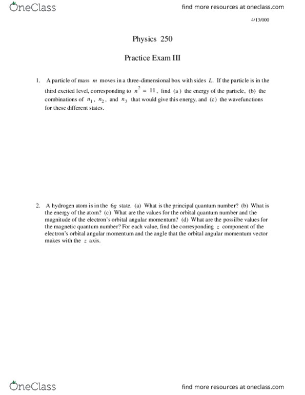 PHYS 250 Midterm: PHYS 250 UPenn Exam3 250 - OneClass