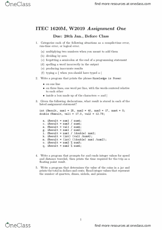 ITEC 1620 Lecture Notes - Winter 2019, Lecture 3 - Semicolon ITEC 1620 Lecture Notes - Winter 2019, Lecture 3 - Semicolon