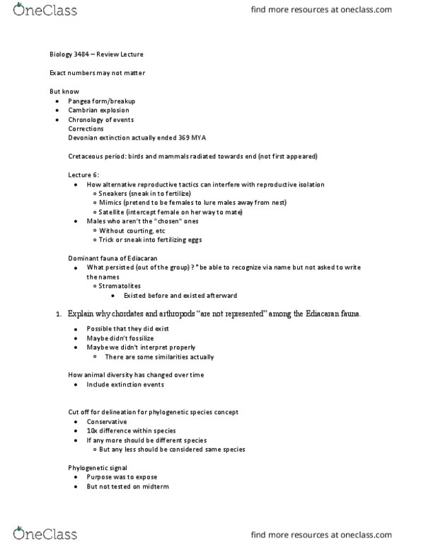 Biology 3484A/B Study Guide - Winter 2019, Midterm - Species, Cambrian ...